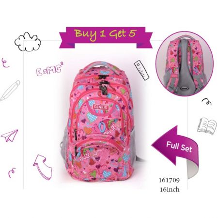 Genius School Bag Set of 5 Pcs 161709 - 16 Inch - Makhsoom