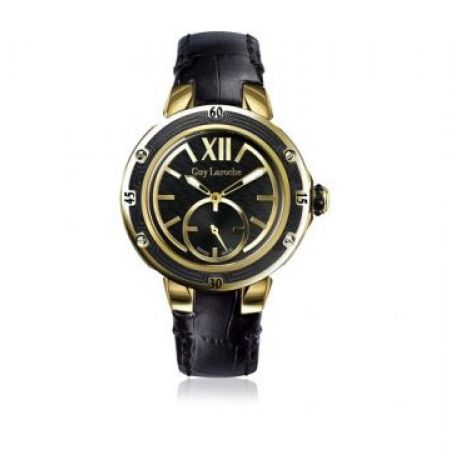 Guy Laroche Leather Black Strap Gold Round Watch For Women - Makhsoom