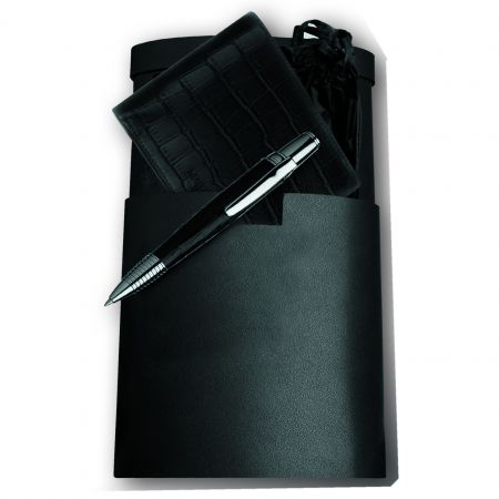 Ungaro Set Arezzo Black Leather Ballpoint Pen & Wallet For Him - 180 x ...