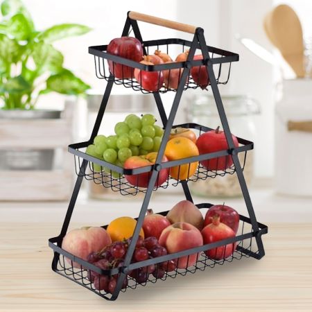 Compact 3-Level Open Wire Home Storage Rack With Wooden Handle Black 41 ...