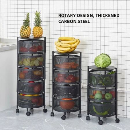 Round Basket Kitchen Rotating Metal Storage Cages With Wheels Cart - 4 ...