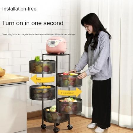 Round Basket Kitchen Rotating Metal Storage Cages With Wheels Cart - 4 ...