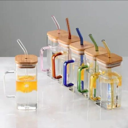 Square Shaped Glass With Lid And Straw - 500 ml - Makhsoom