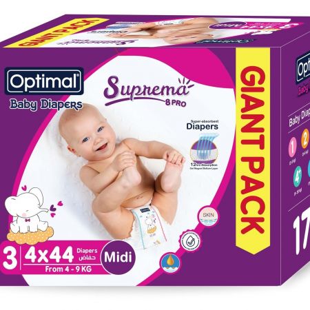 Optimal Baby Diaper Midi 4-9kg - Giant Pack- 176 Pcs 3+ Years - Makhsoom