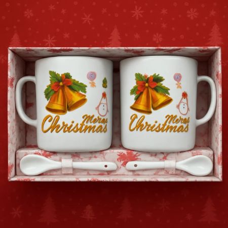 Christmas Golden Bells Design Ceramic Mug Set with 2 Spoons - Makhsoom