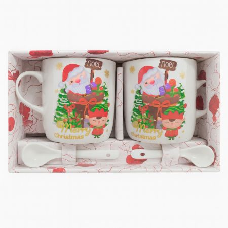 Christmas Santa, Elf & Tree Design Ceramic Mug Set with 2 Spoons - Makhsoom