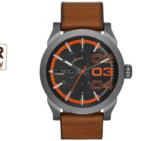 Diesel Double Down Gunmetal Dial Tan Leather Round Watch For Men - Makhsoom