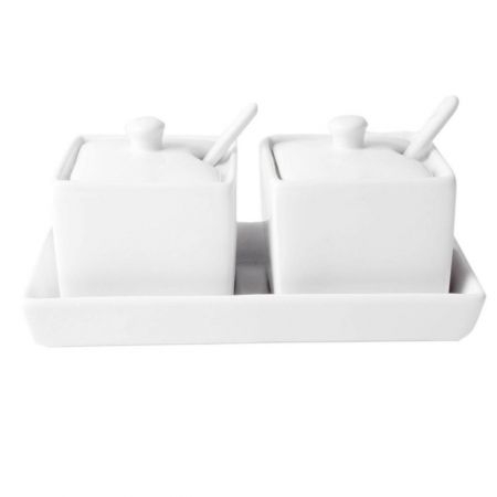 Set Of 2 Square Porcelain Sugar Jam Serving Dish With Tray & Spoons ...