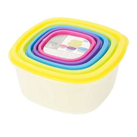 Set Of Clear Plastic Square Containers With Coloured Lids 5 Pcs - Makhsoom